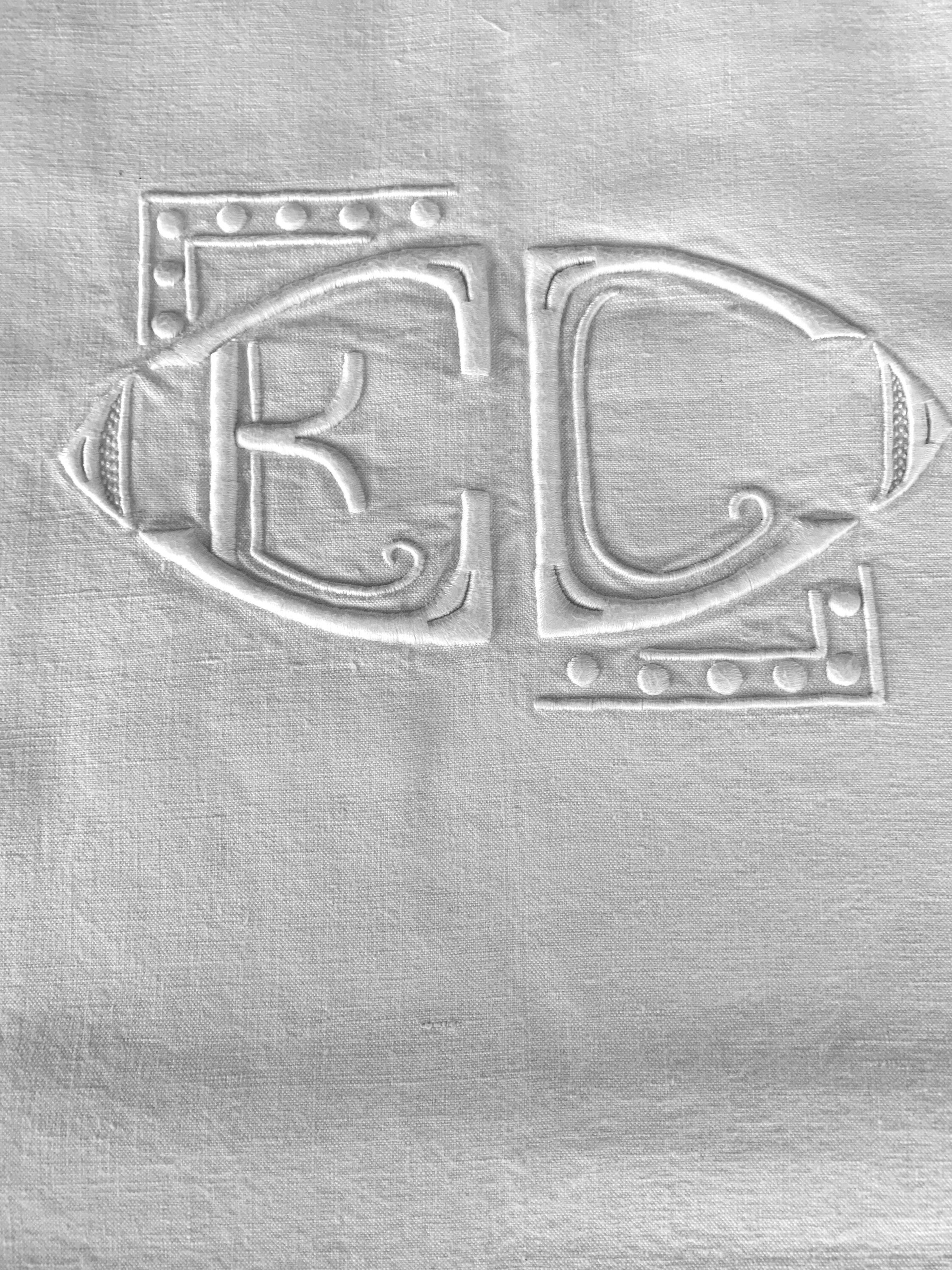 An Antique French White Métis Linen Art Deco Embroidered Monogram Sheet ...