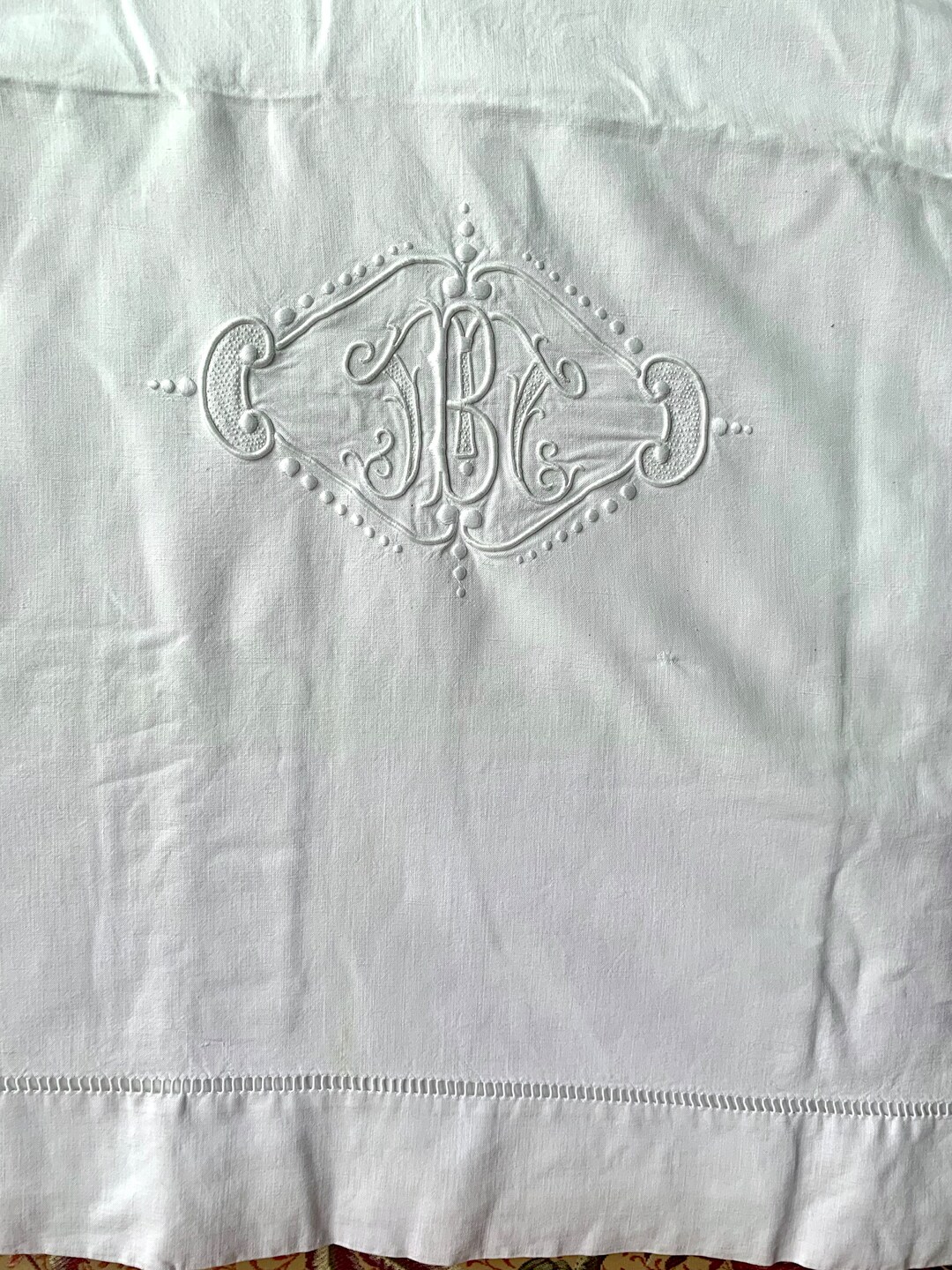 An Antique French White Métis Linen Embroidered Monogrammed MB or BM ...