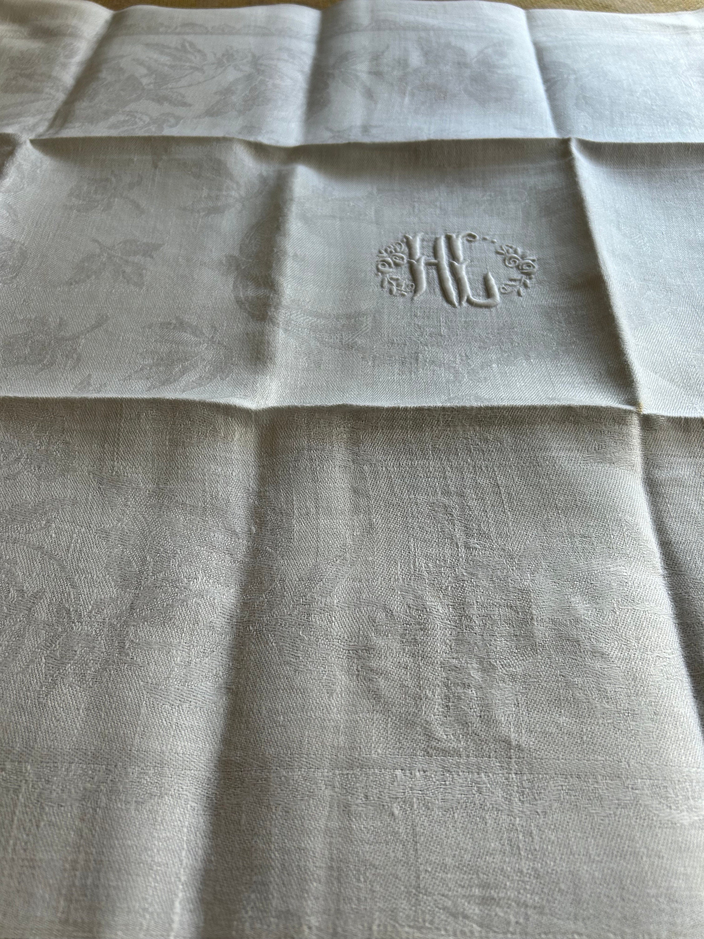 4 Antique Art Nouveau French Linen Damask Monogrammed H L Napkins Circa ...