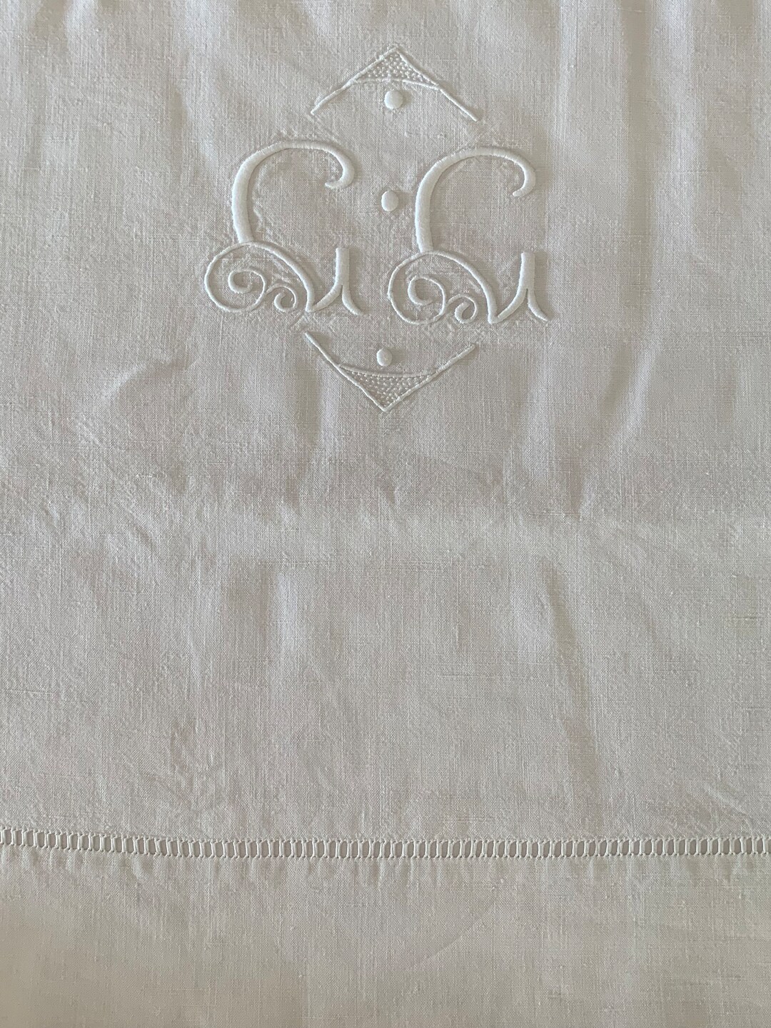 A Very Large Antique French White Métis Linen Embroidered Monogrammed ...