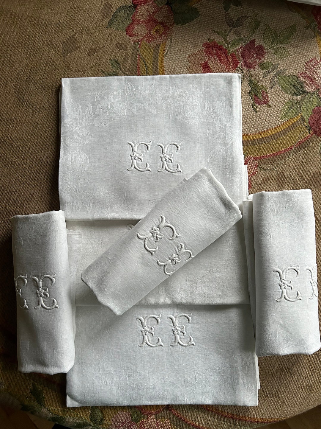 A Set of 6 Antique French Damask Linen Serviettes/ Napkins With an ...