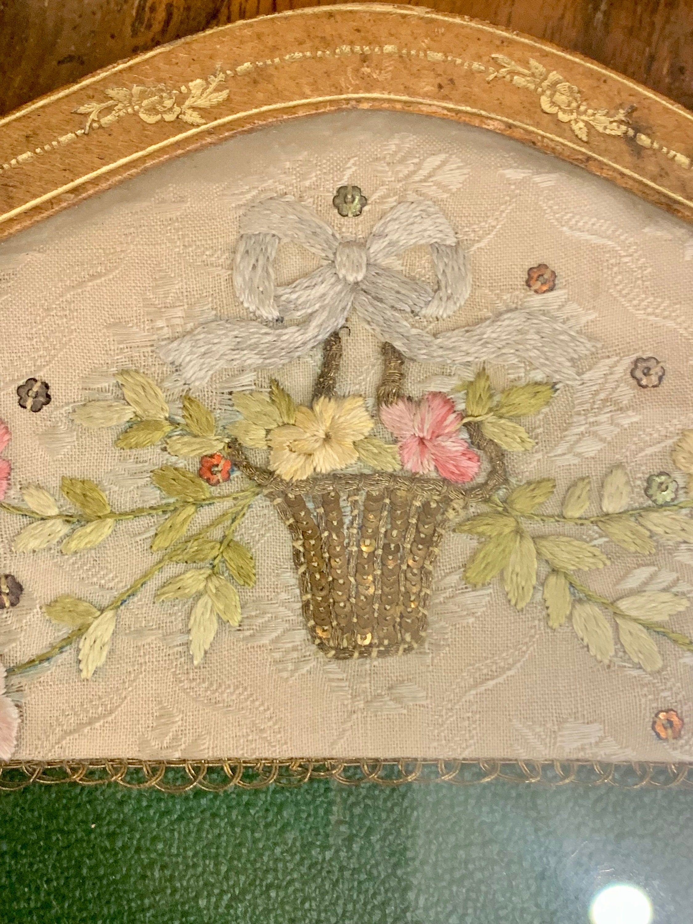 An Antique French Embroidered Photo Frame With a Brown and Gold Leather ...