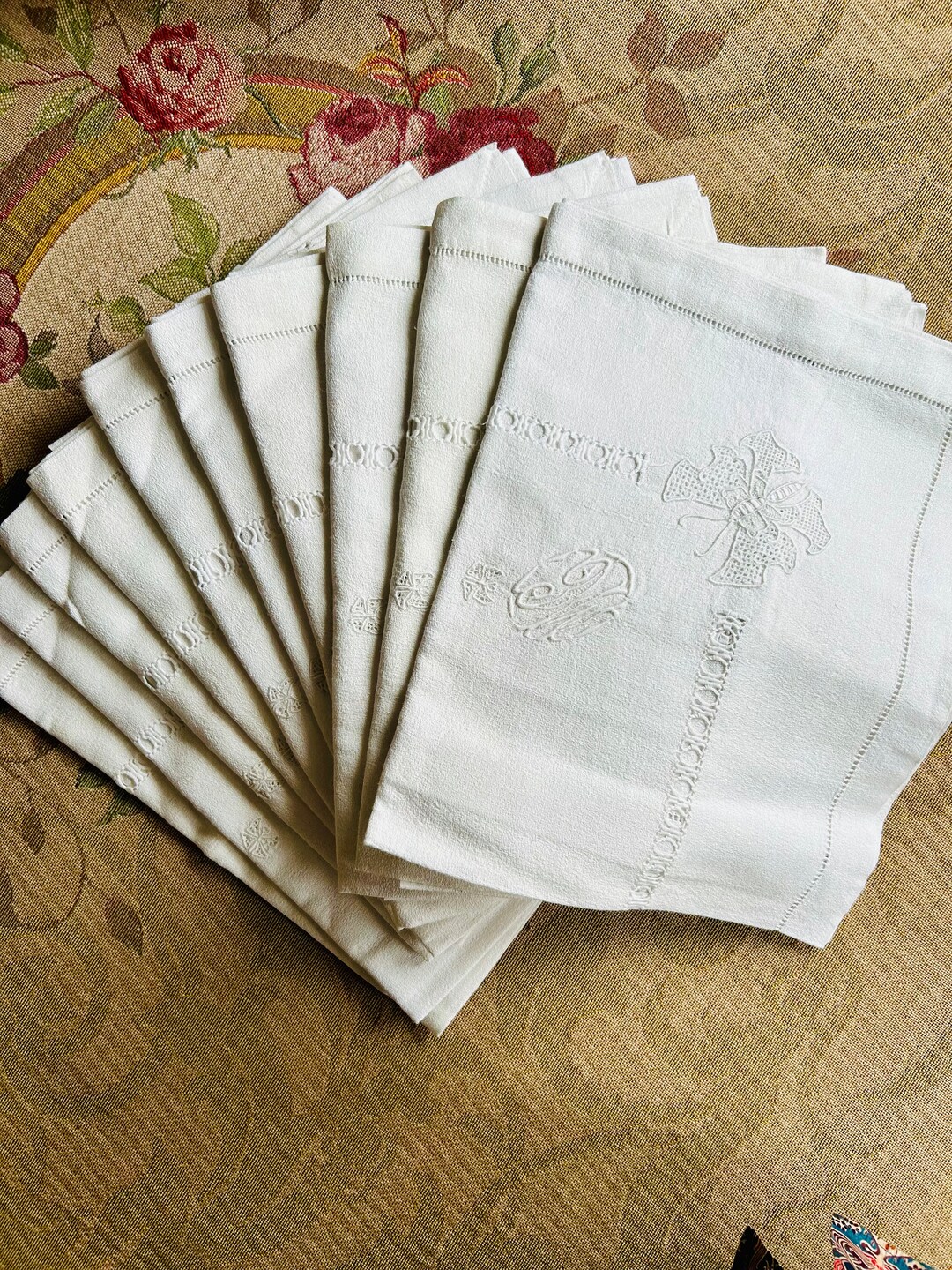 A Set of 11 Antique French Large Linen Serviettes / Napkins Embroidered ...