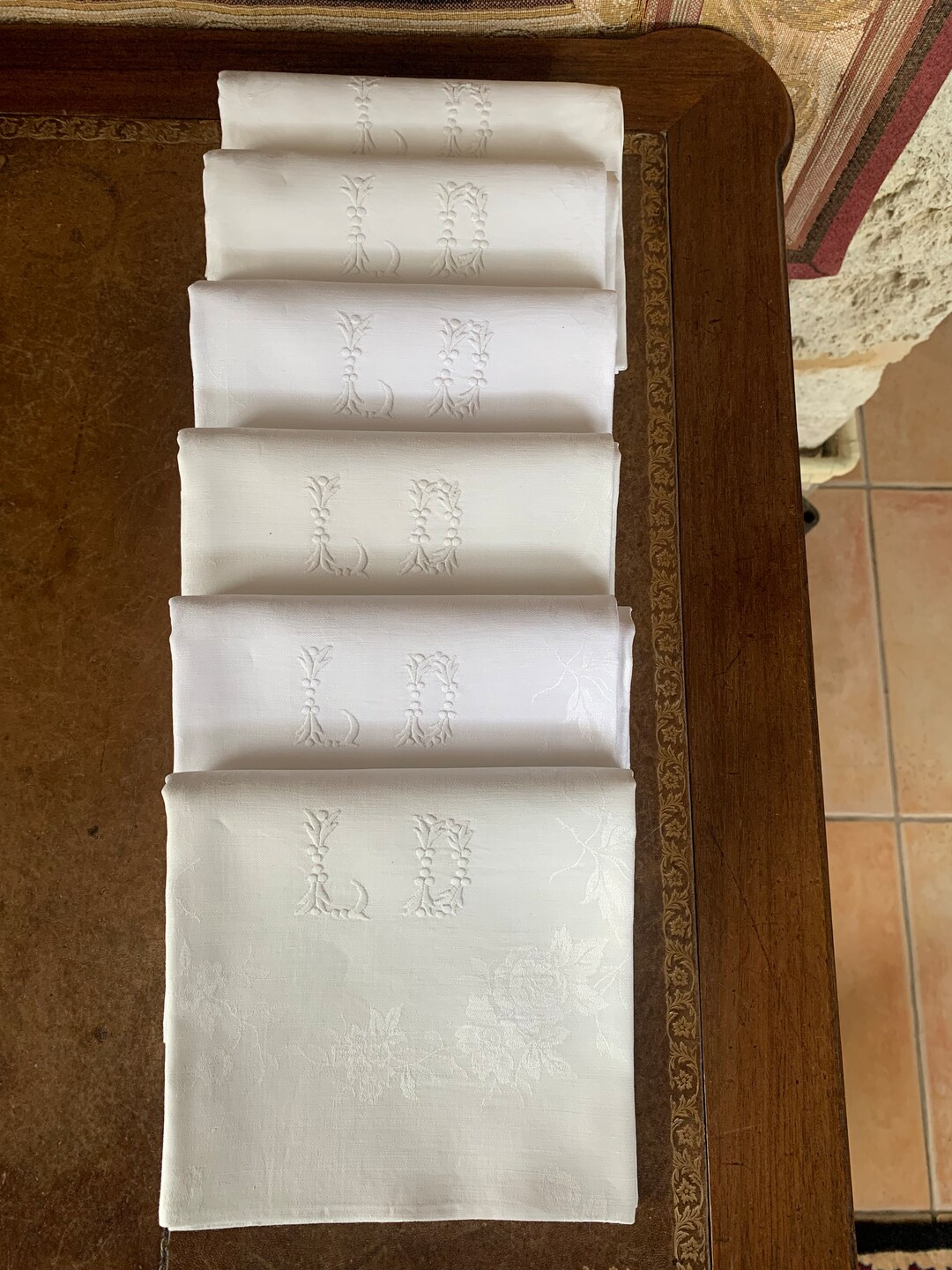 A Set of 12 Antique French White Damask Linen Napkins With Embroidered ...