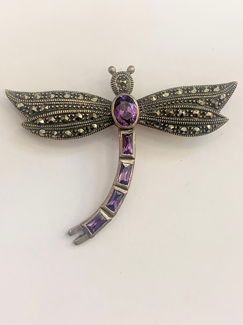 A Vintage English Silver and Amethyst Dragonfly Marcasite Brooch - Etsy