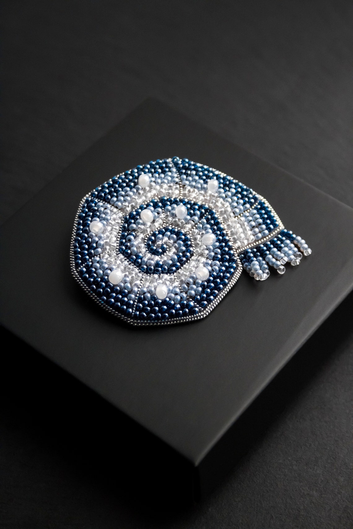Seed Bead Brooch Embroidered Brooch Silver Blue Seashell Pin - Etsy