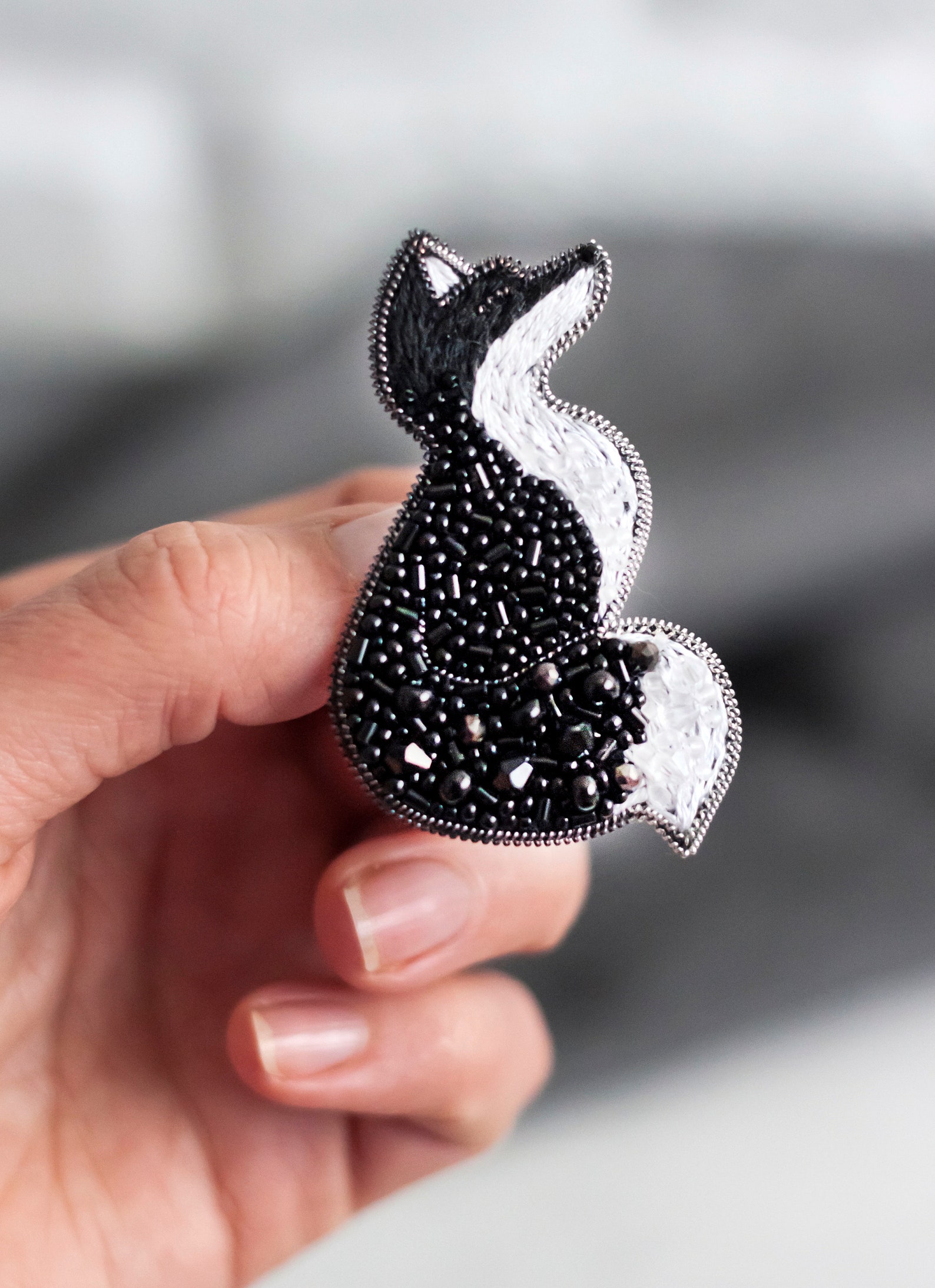 Seed Bead Brooch Embroidered Brooch Black Fox Pin Beaded Brooch, Gift ...