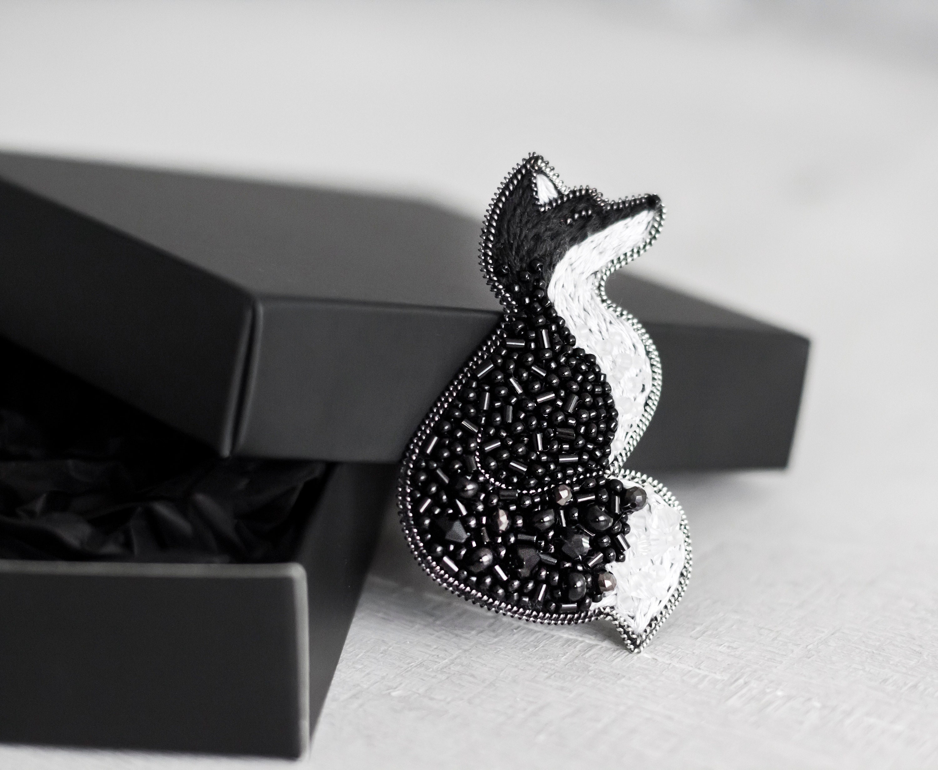 Seed Bead Brooch Embroidered Brooch Black Fox Pin Beaded Brooch, Gift ...
