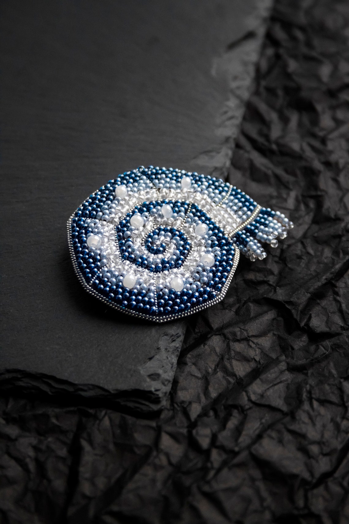 Seed Bead Brooch Embroidered Brooch Silver Blue Seashell Pin - Etsy