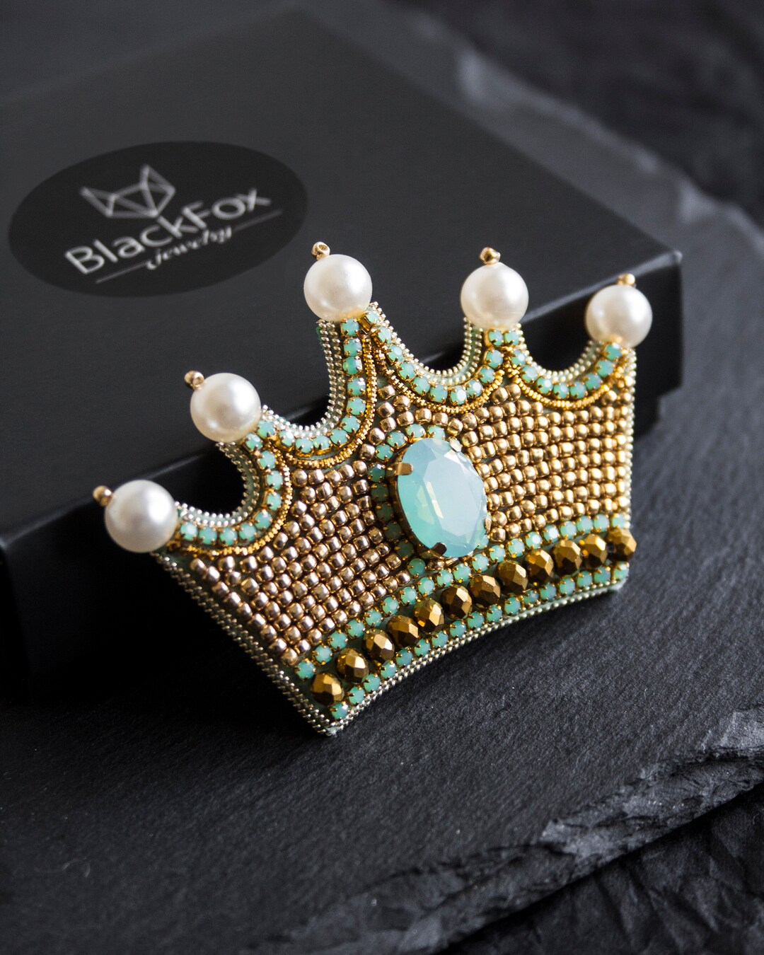 Crown Beaded Brooch - Beads Embroidered Chess Queen Pin - Gift for Her ...