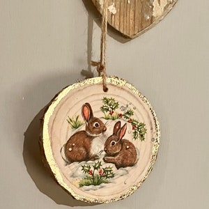 Rabbit Decoupaged Log Slice Decoration Pair of Bunnies - Etsy UK