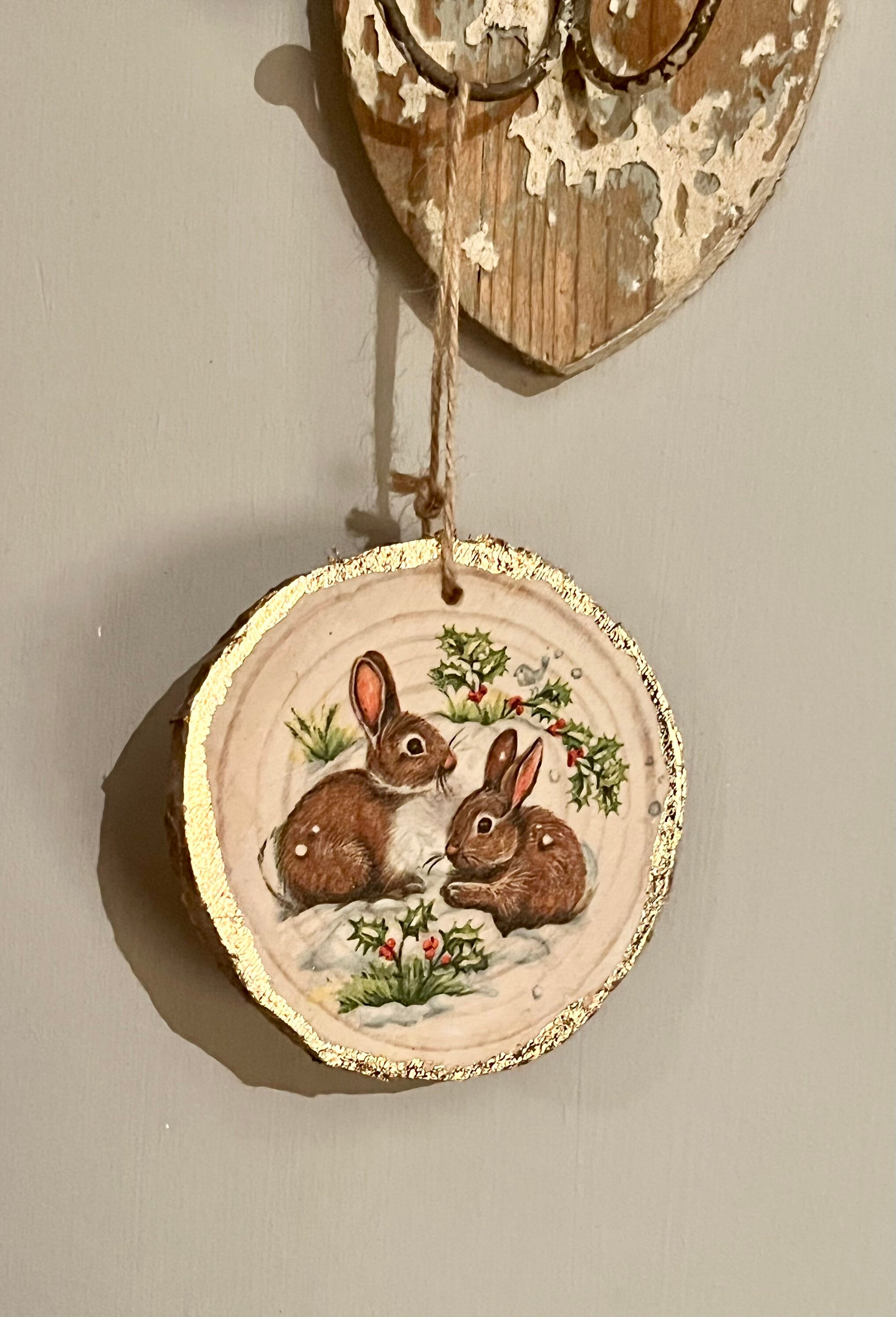 Rabbit Decoupaged Log Slice Decoration Pair of Bunnies - Etsy UK