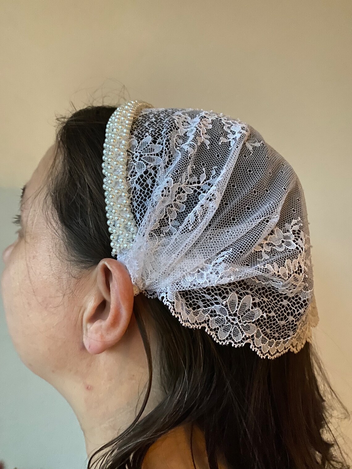 White No-tie Headscarf With Satin Headband, Christian Head Covering ...