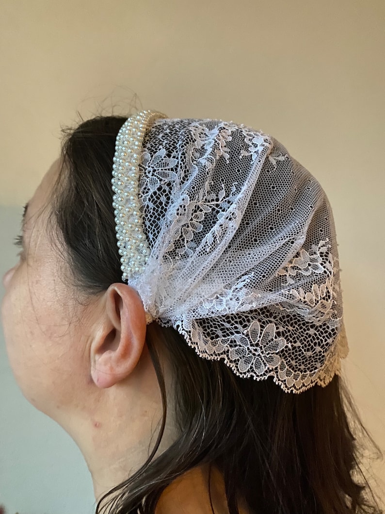 White No-tie Headscarf With Satin Headband, Christian Head Covering ...