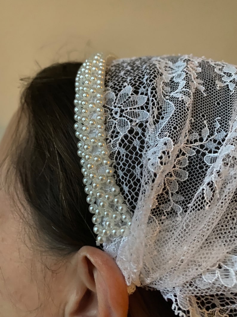 White No-tie Headscarf With Satin Headband, Christian Head Covering ...