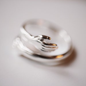 Silver Love Hug Ring, Silver Colored Hug Ring, Open Hands Ring ...