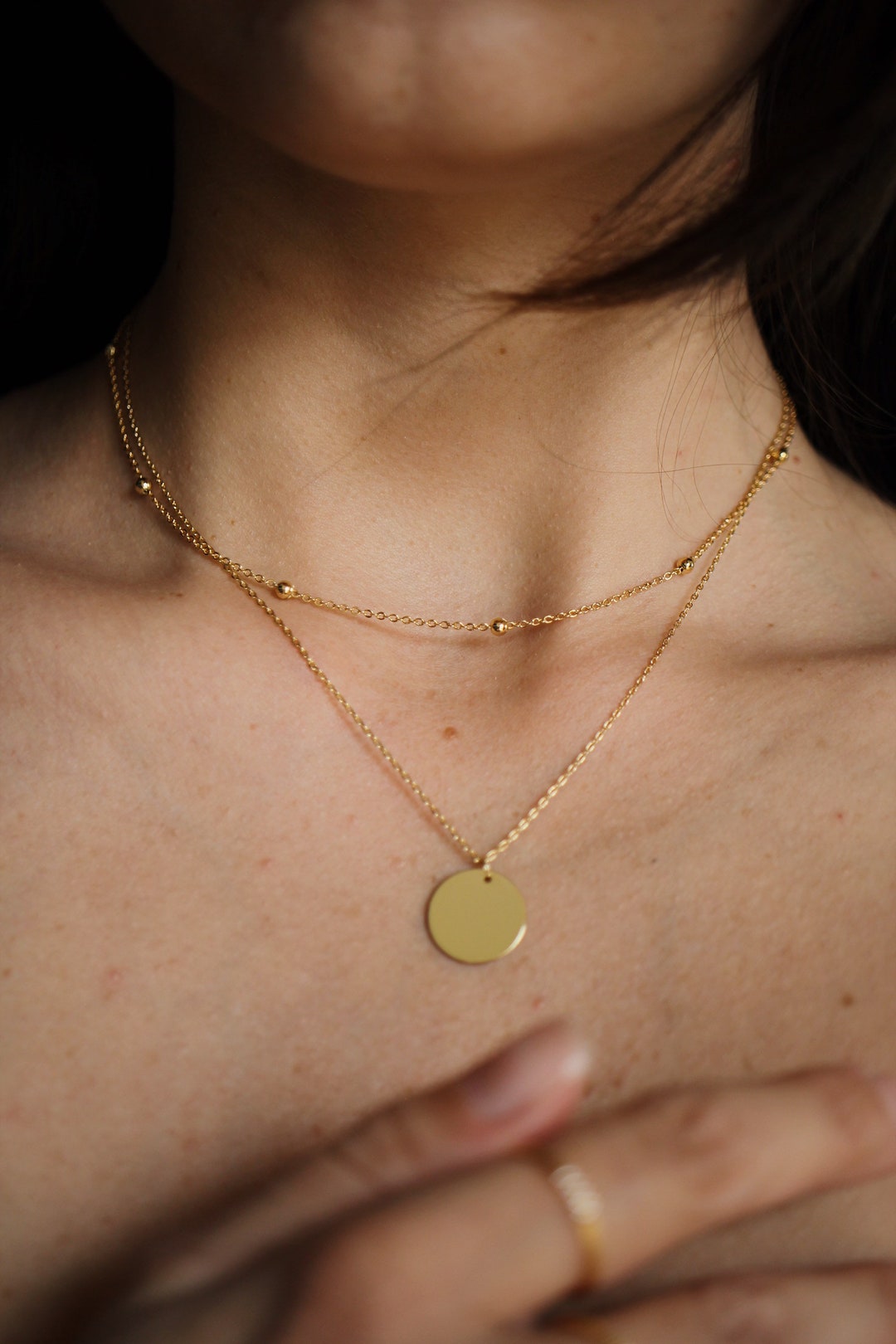 Layered Disc Necklace, Dainty 2 Layers Necklace, Layering Necklaces Set ...