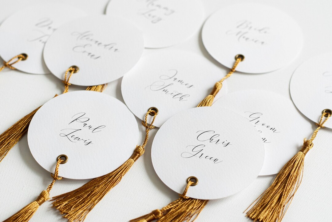 Circular Wedding PLACE CARDS With TASSEL, Personalised Fringed Circle ...