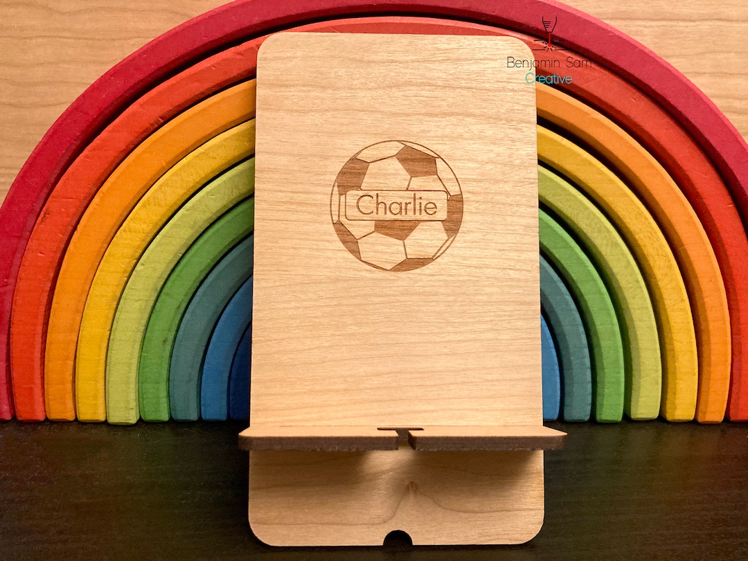 Personalised Football Phone Holder: Engraved Wooden Docking Station ...