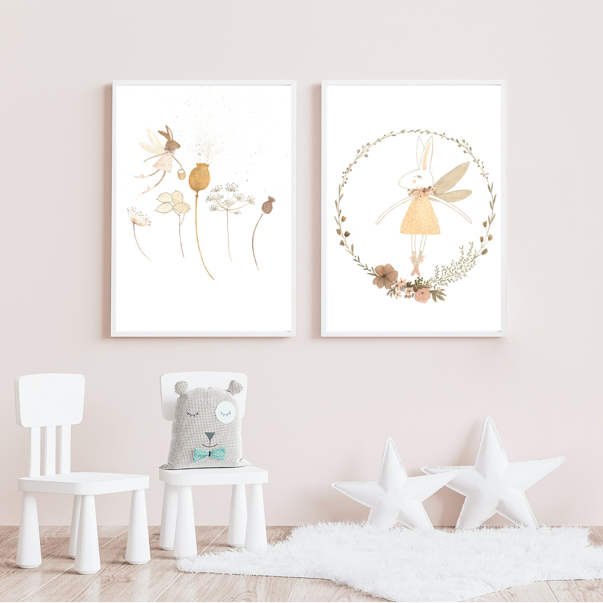 Bunny Fairy Nursery Printable Artwork, Rabbit Print, Flower Print, Boho ...