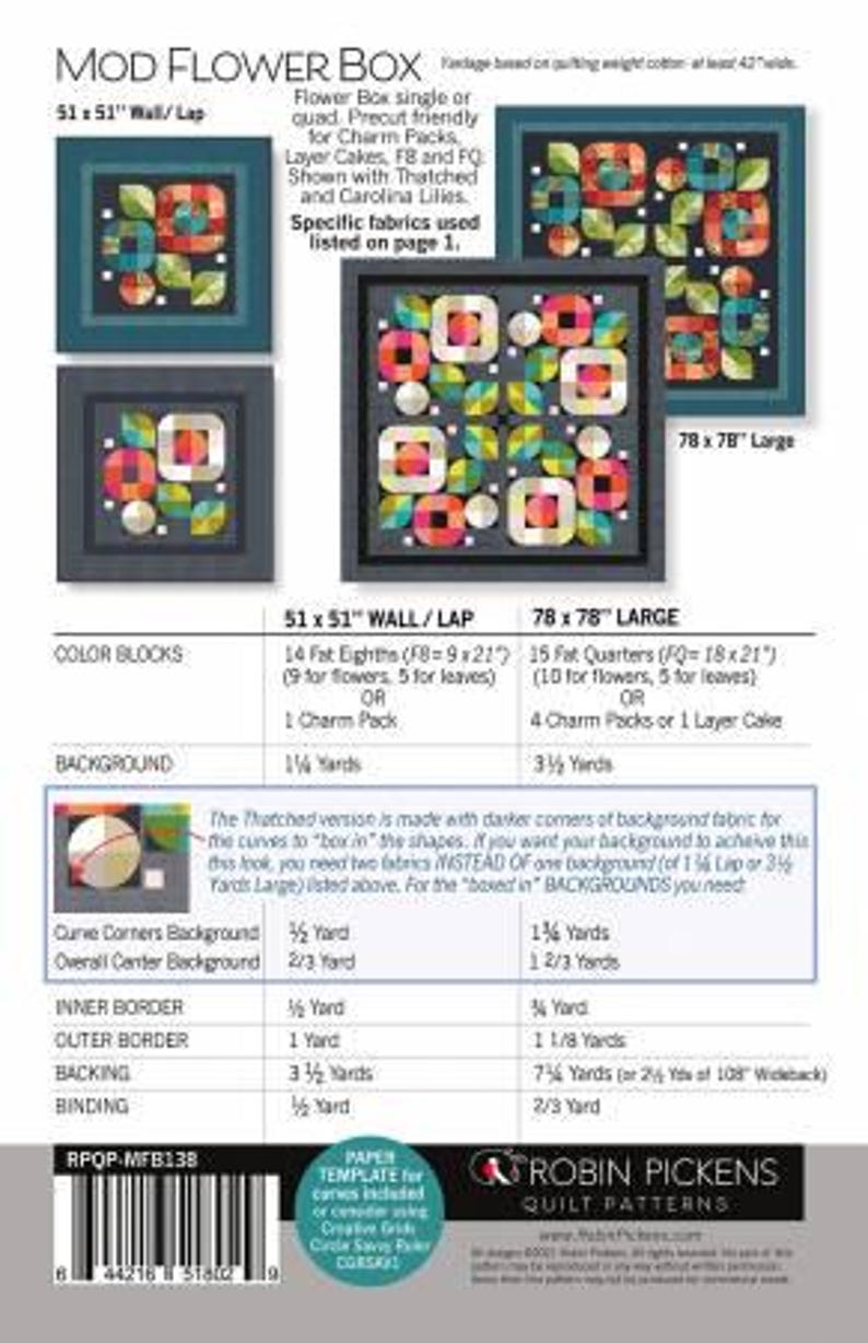 Mod Flower Box Quilt Pattern Pre-cut Friendly in 2 Sizes 51 Wall/lap or ...