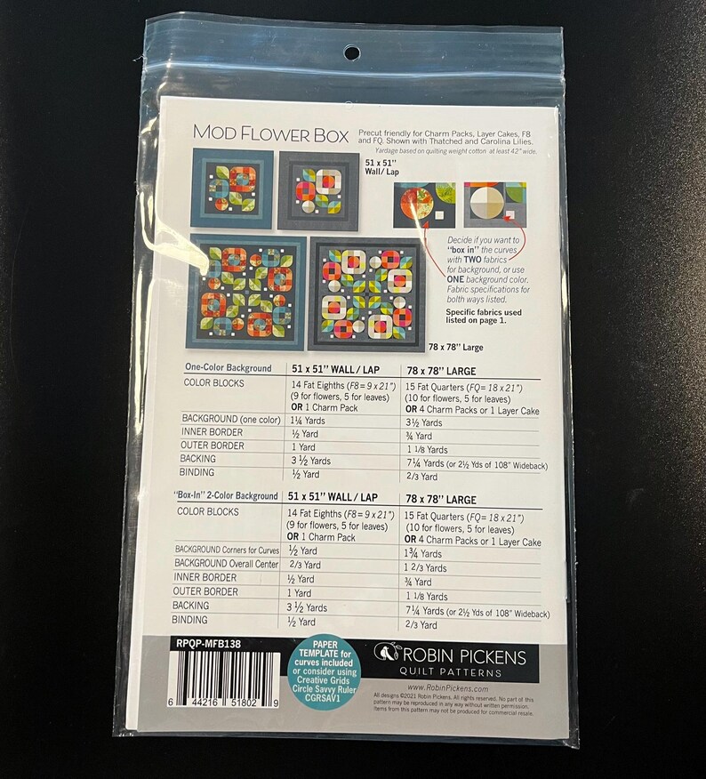 Mod Flower Box Quilt Pattern Pre-cut Friendly in 2 Sizes 51 Wall/lap or ...