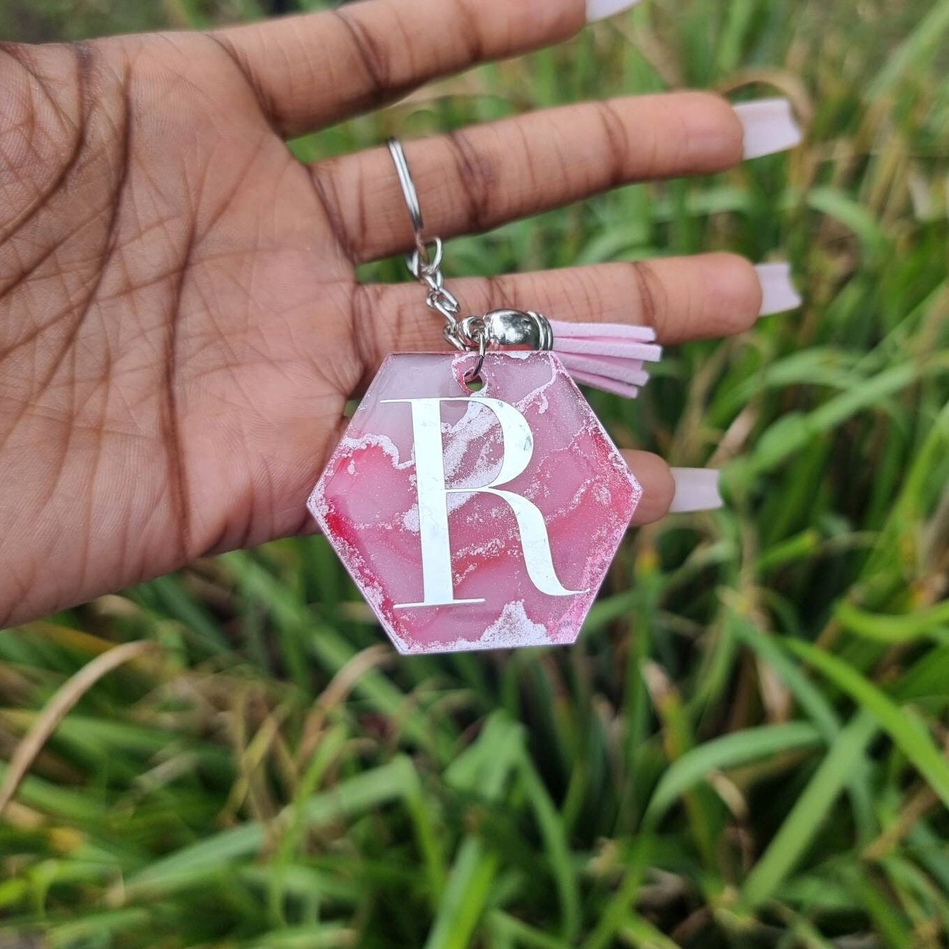 Custom Personalised Resin Initial Keyring | Hexagon / Circle Keychain ...
