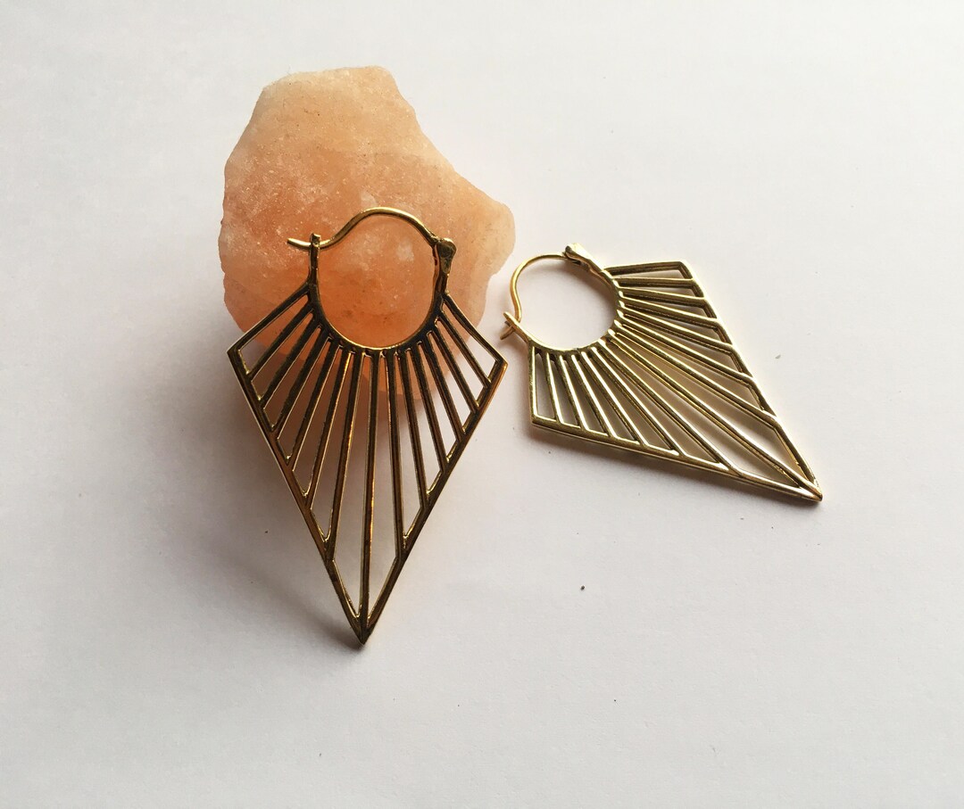Brass Ray Hoop Earrings – Pointed Diamond Grid Statement - Etsy