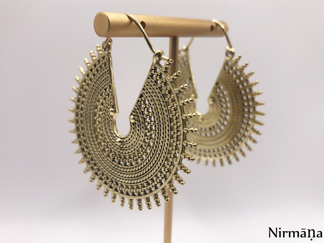 Large Golden Balinese Hoop Earrings - Mandala Hoop Earrings With Spikes ...
