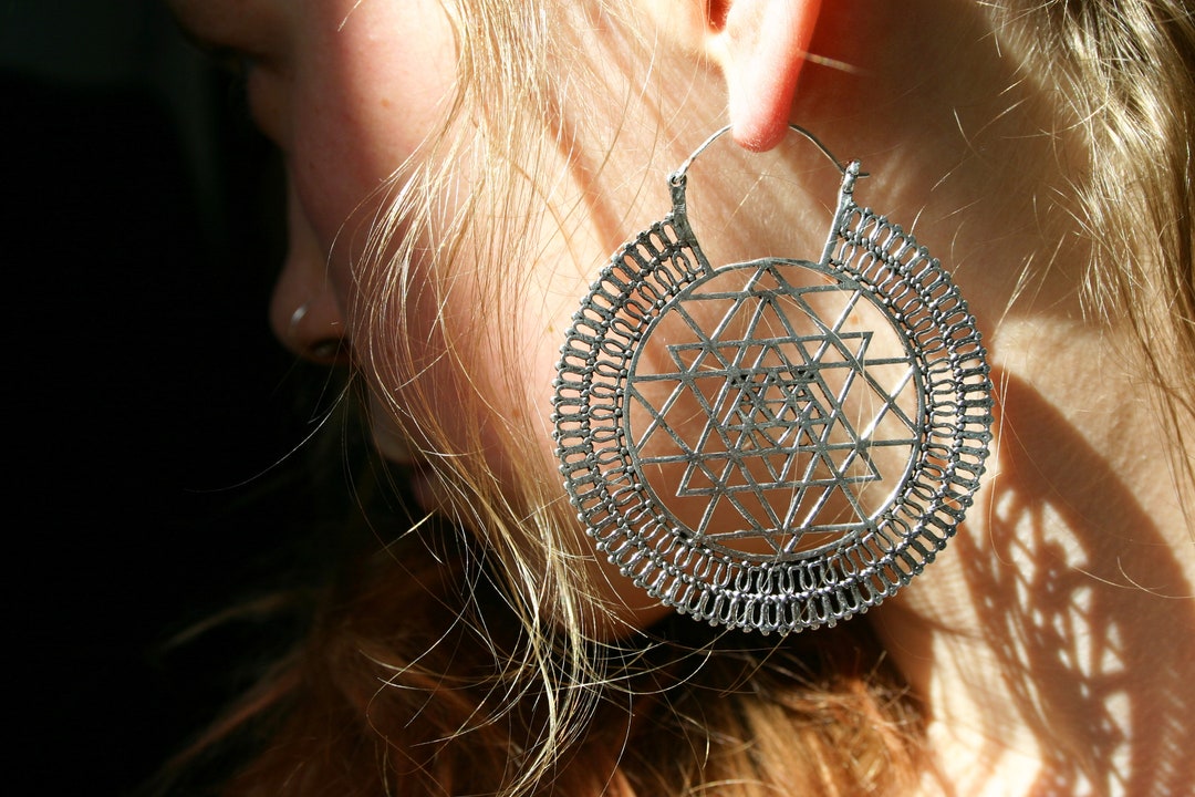Silver Large Mandala Hoops SRI YANTRA Yoga Earrings Sacred Geometry Goddess Silver Hoops Giant ...