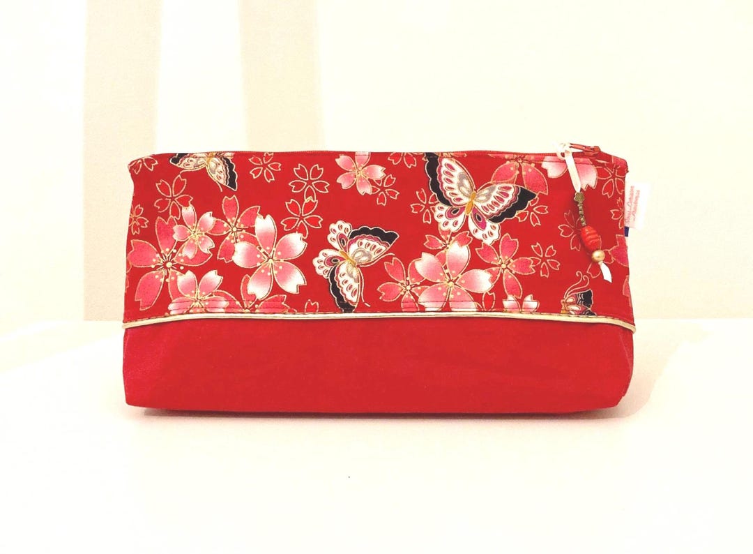 Large Red Toiletry Bag in Cotton Fabric and Japanese Fabric With Flower ...