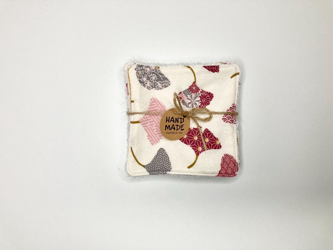 8 Beige Cotton Fabric Wipes With Ginkgo Flower Patterns and White Oeko ...