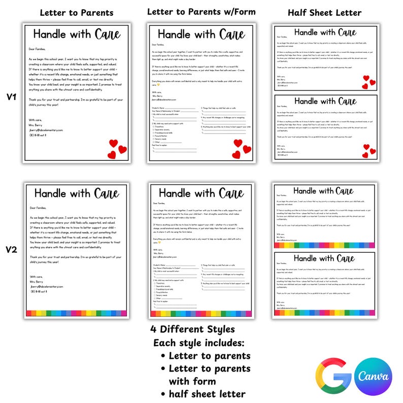 Handle With Care Parent Letter Template | Editable Back to School Form ...
