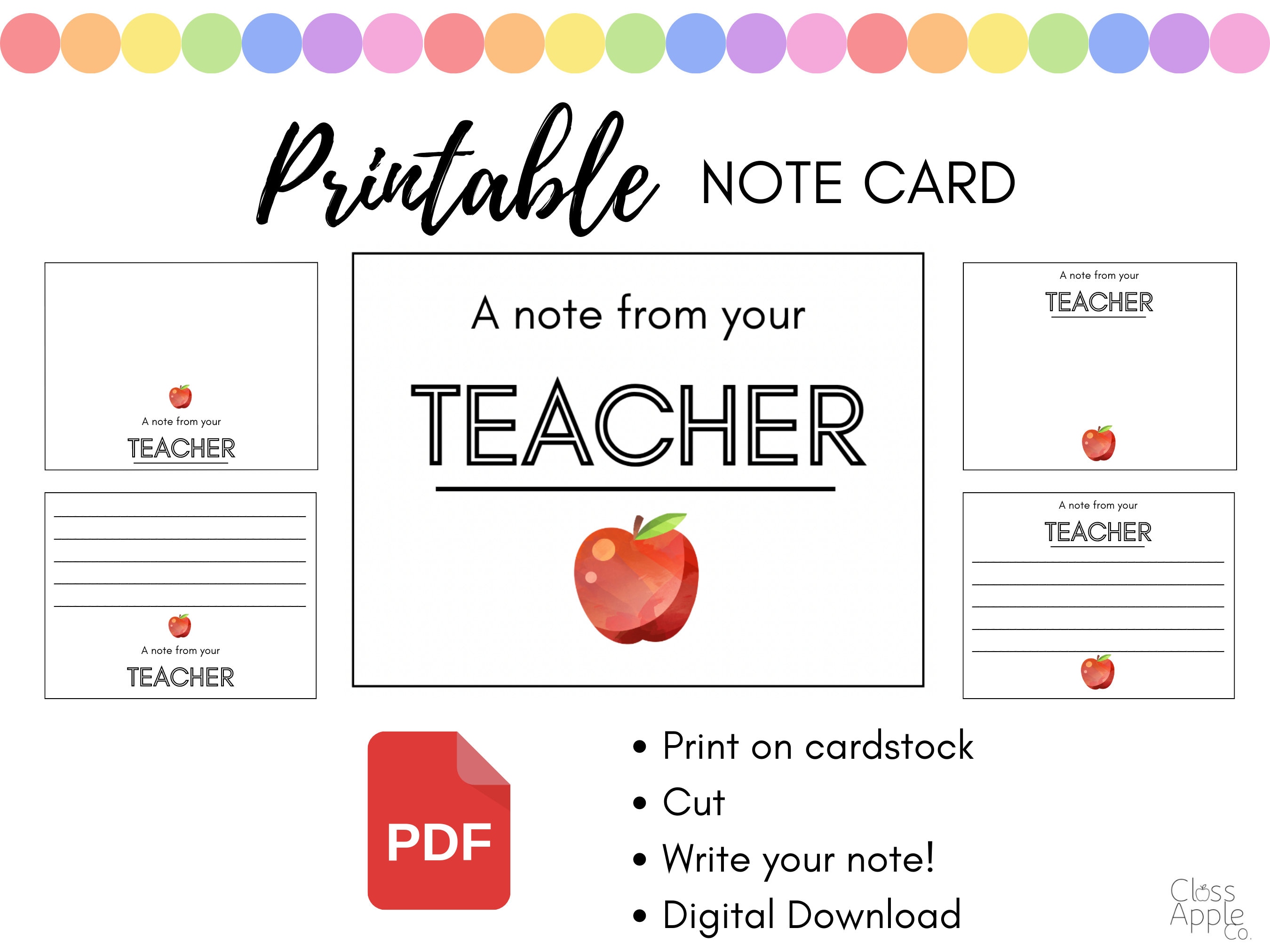 Digital Download - Printable - Thanks You Notes From Teacher - Apple ...