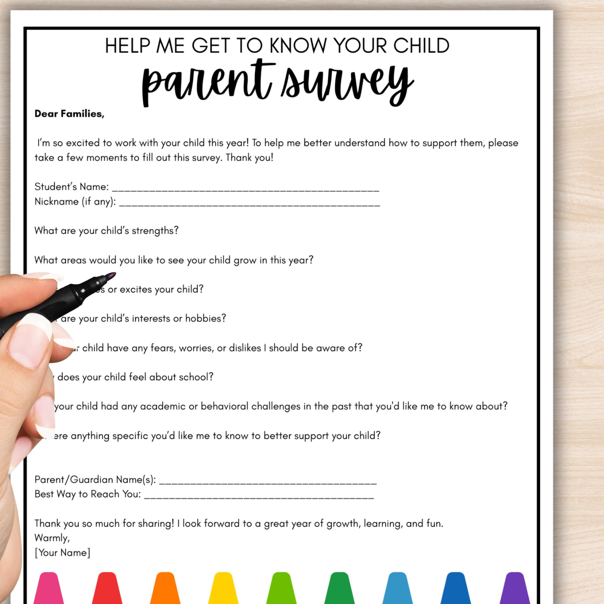 Editable Parent Survey | Get to Know Your Child Questionnaire | Canva ...