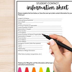 Editable Student Contact Information Sheet | Back to School Form ...