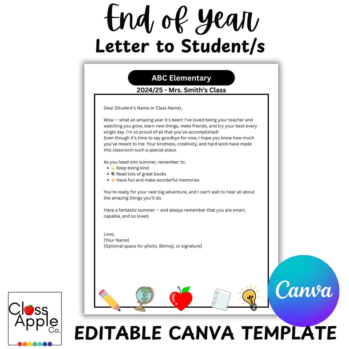 Editable End of Year Letter From Teacher to Students | Goodbye Letter ...