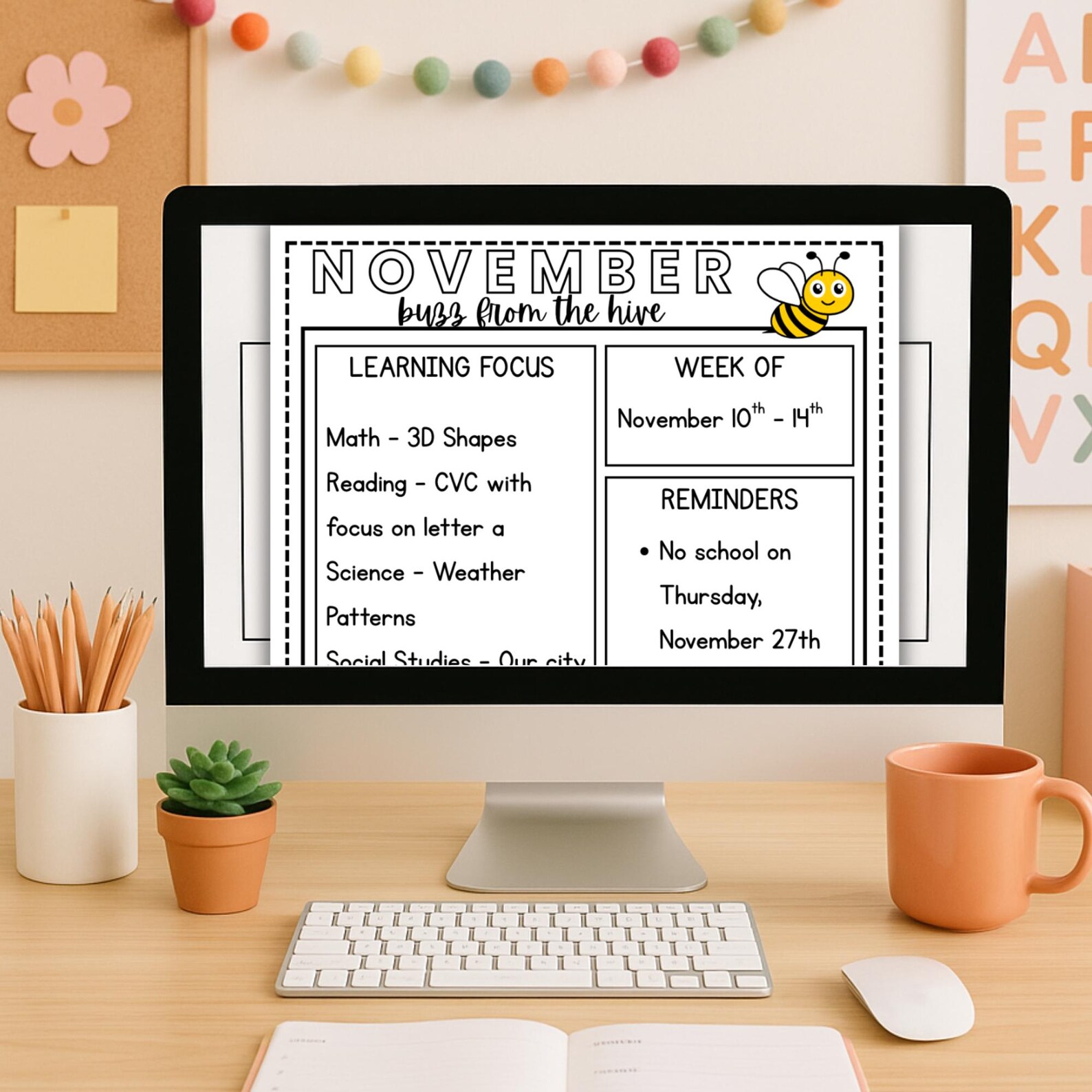 Bee Themed Classroom Newsletter Template | Editable Weekly or Monthly ...