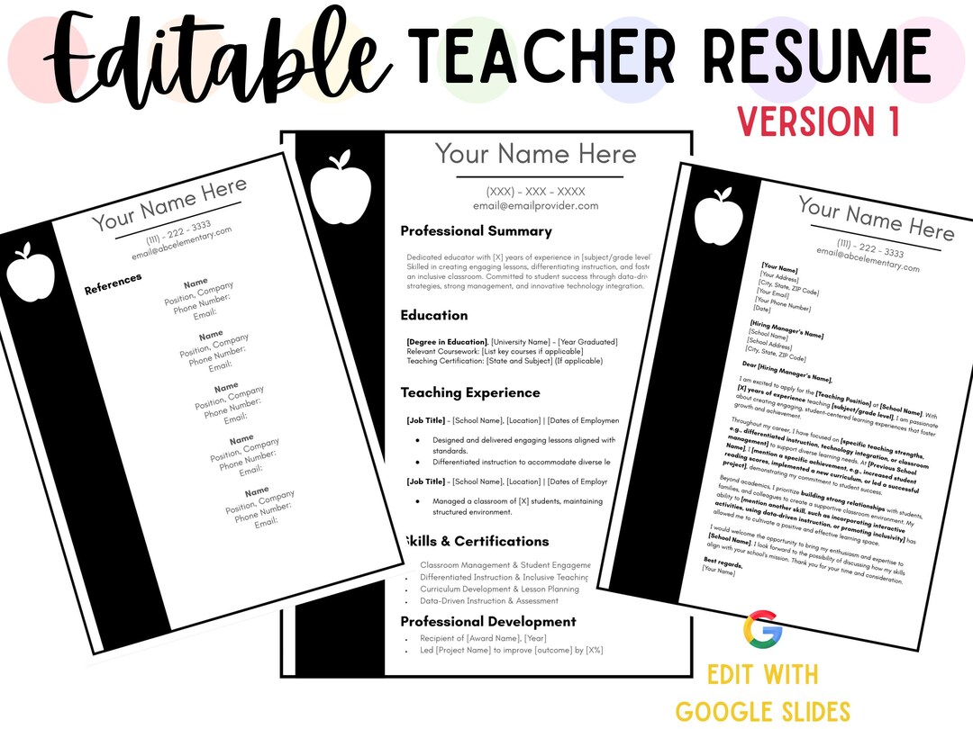 Editable Teacher Resume Template | Google Slides | Modern ...