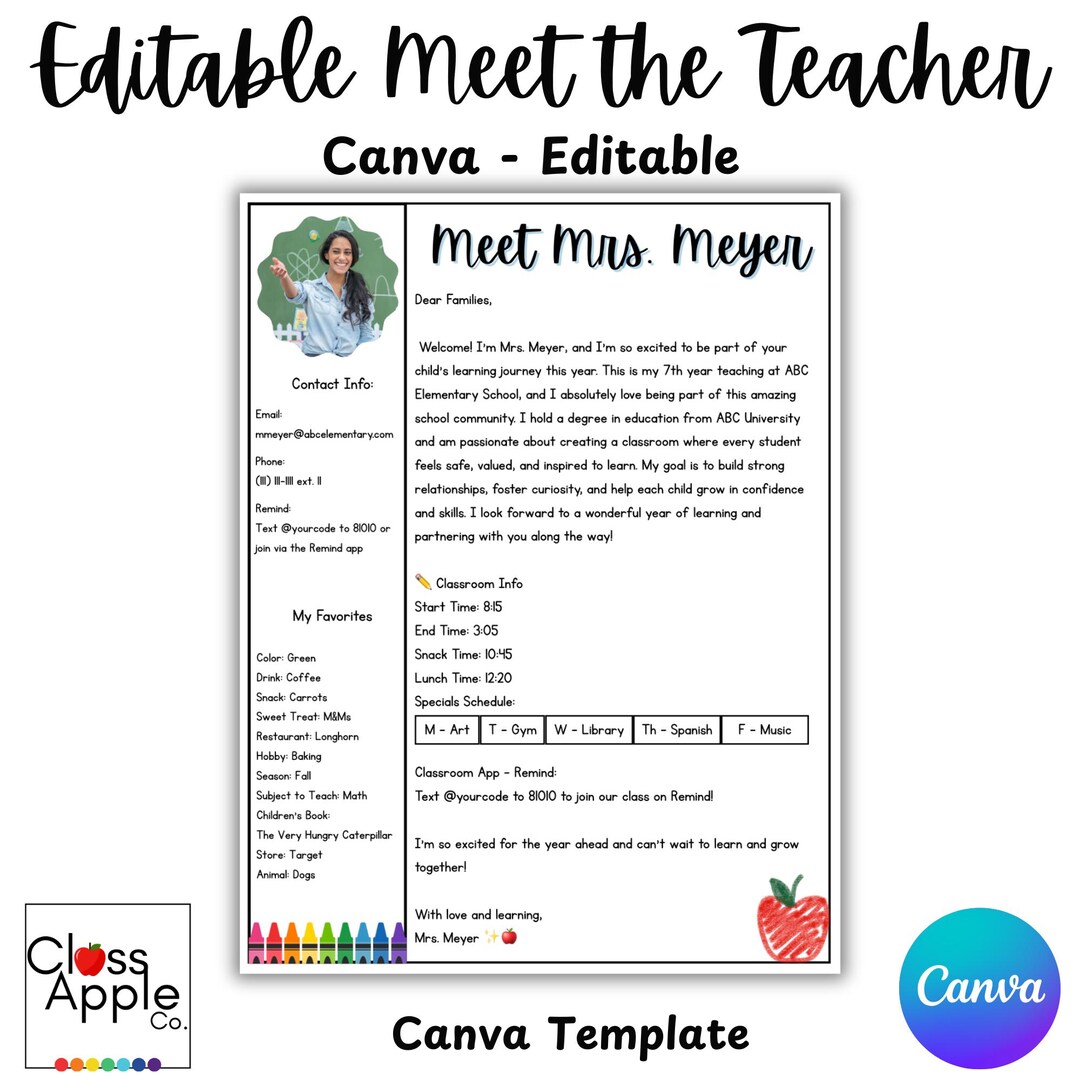 Editable Meet the Teacher Letter Template | Canva Version | Back to ...