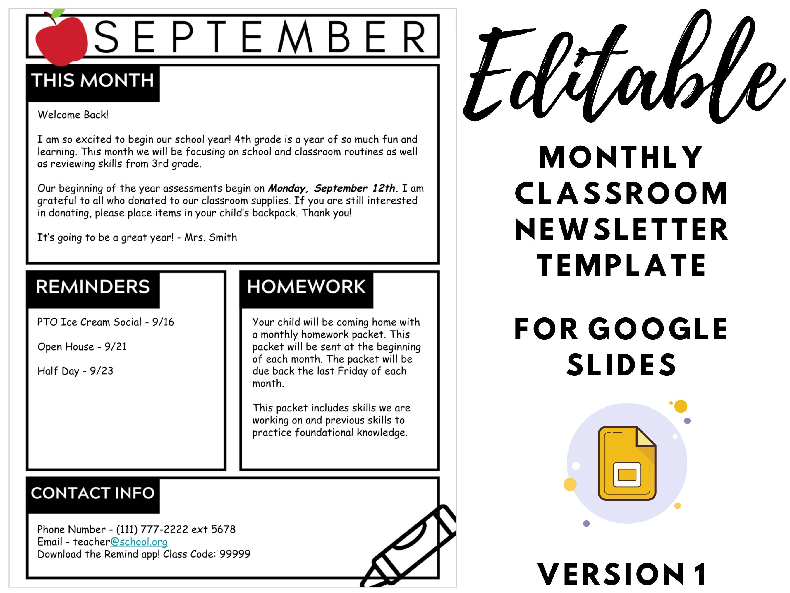 Editable Monthly Classroom Newsletter - Simple - Version 1 - Google ...