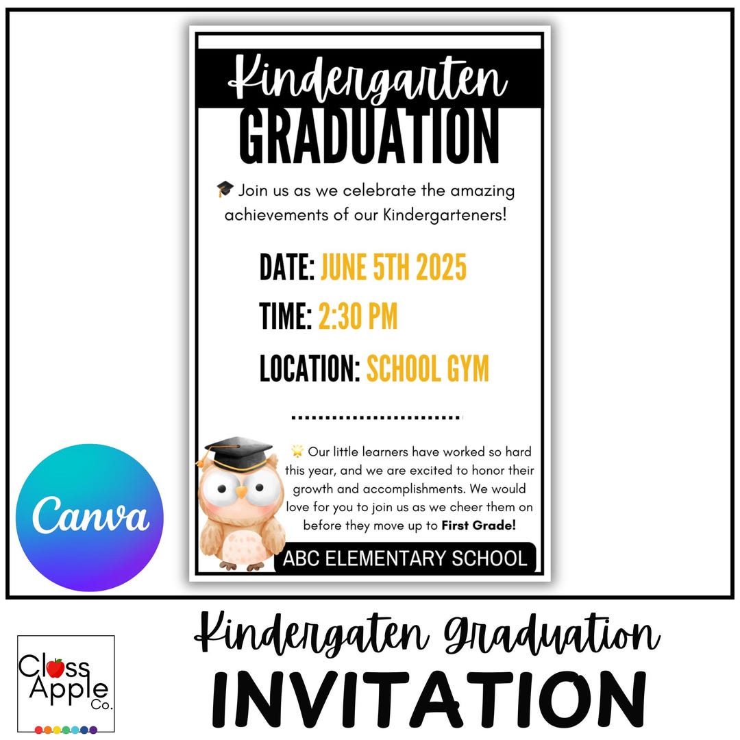 Owl Kindergarten Graduation Invitation | Fully Editable Canva Template ...