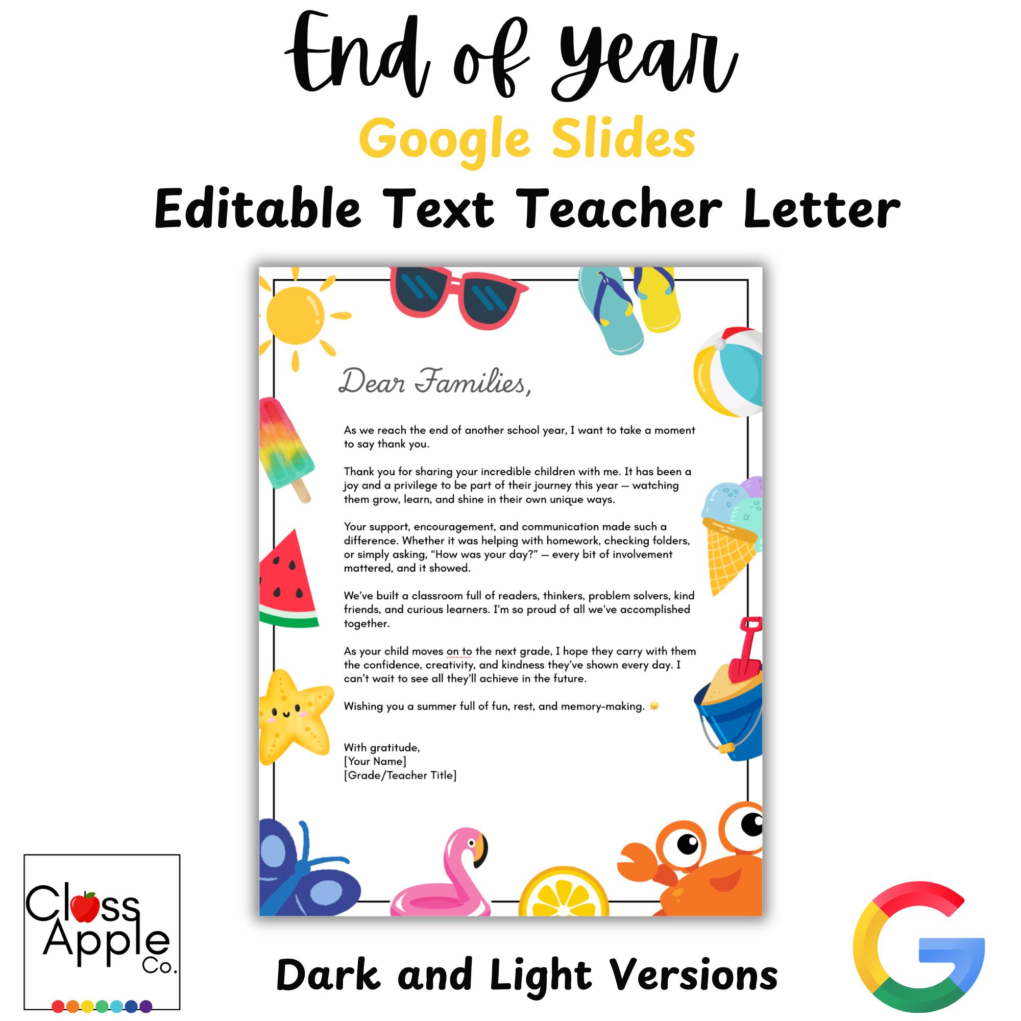 Editable Text End-of-year Summer Letter to Families | Google Slides ...