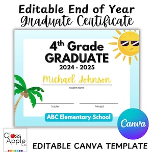End of Year Certificate | Editable Canva Template | Any Grade Graduate ...