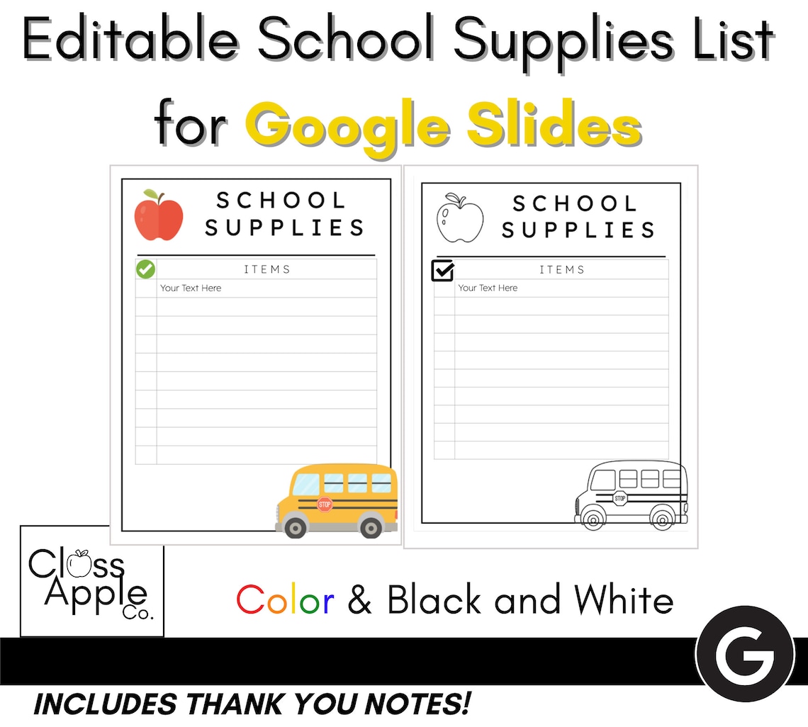School Supplies List - Editable for Google Slides - Easy to Edit - Back ...