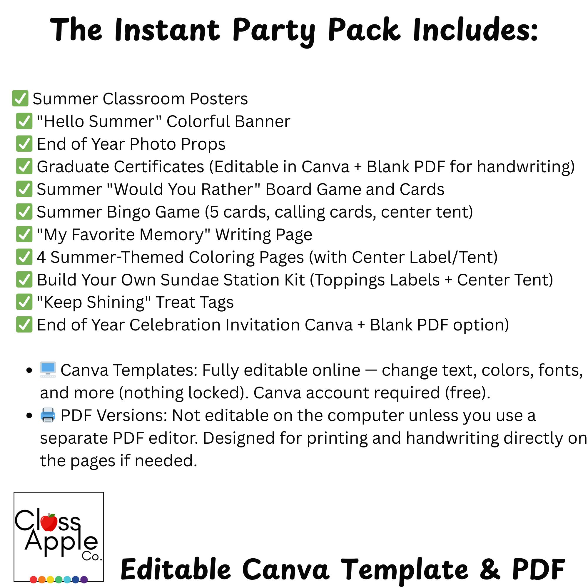 Instant Summer End of Year Party Pack | Classroom Party Kit | Printable ...
