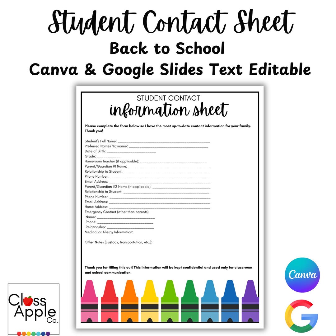 Editable Student Contact Information Sheet | Back to School Form ...