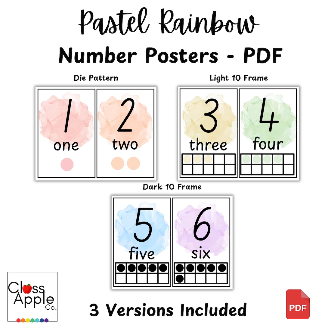 Pastel Rainbow Numbers 1–10 Posters | Half Page PDF With Dice, Pastel ...