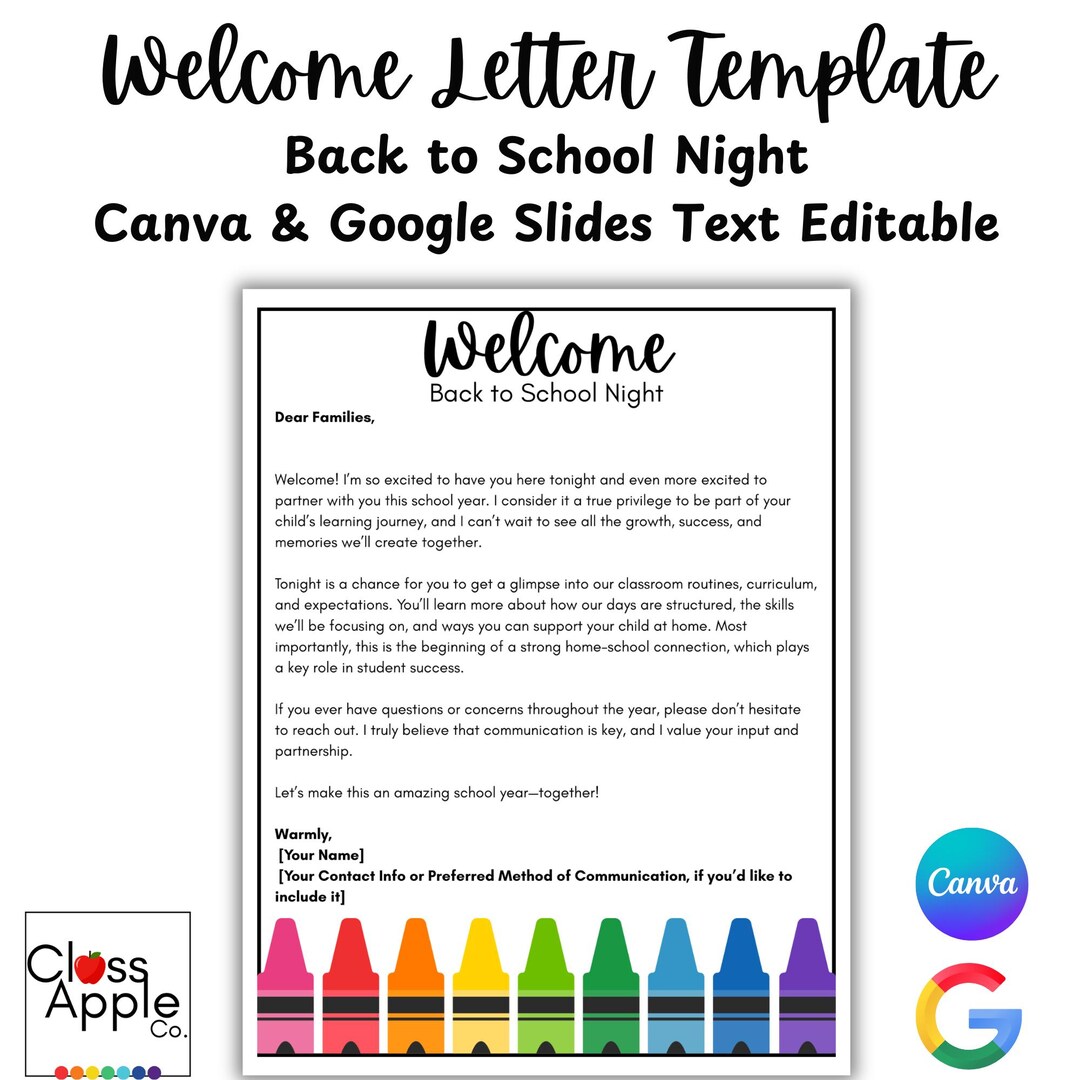 Editable Back to School Night Welcome Letter | Canva & Google Slides ...