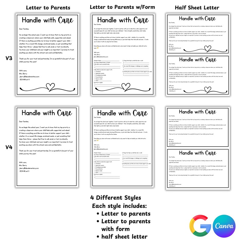 Handle With Care Parent Letter Template | Editable Back to School Form ...